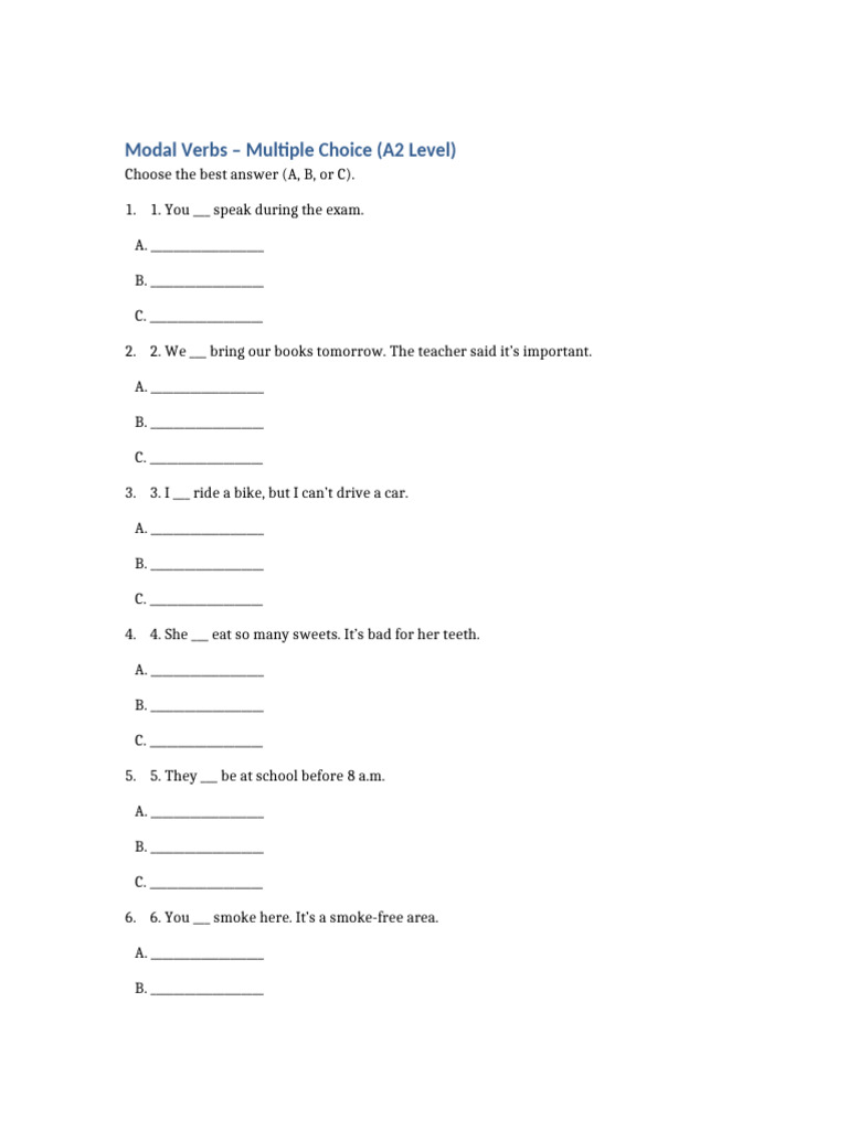 A2 Modal Verbs Multiple Choice Quiz | PDF | Chess | Chess Theory
