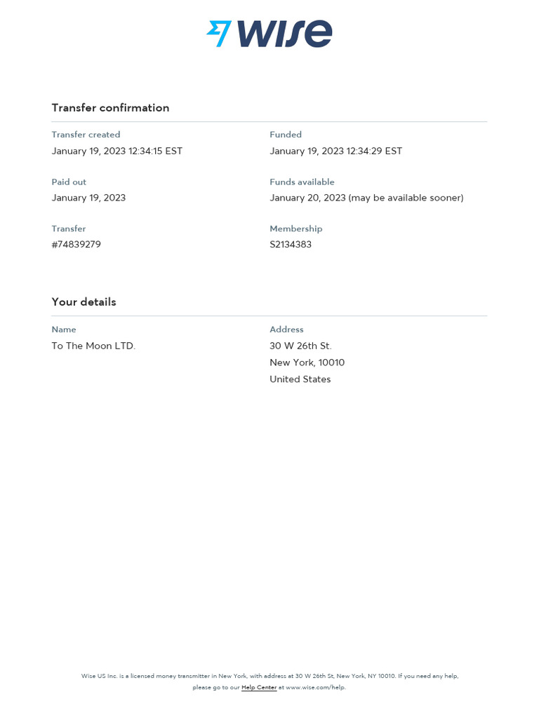 Wise US Inc. Money Transfer Details | PDF | Private Sector | Payments