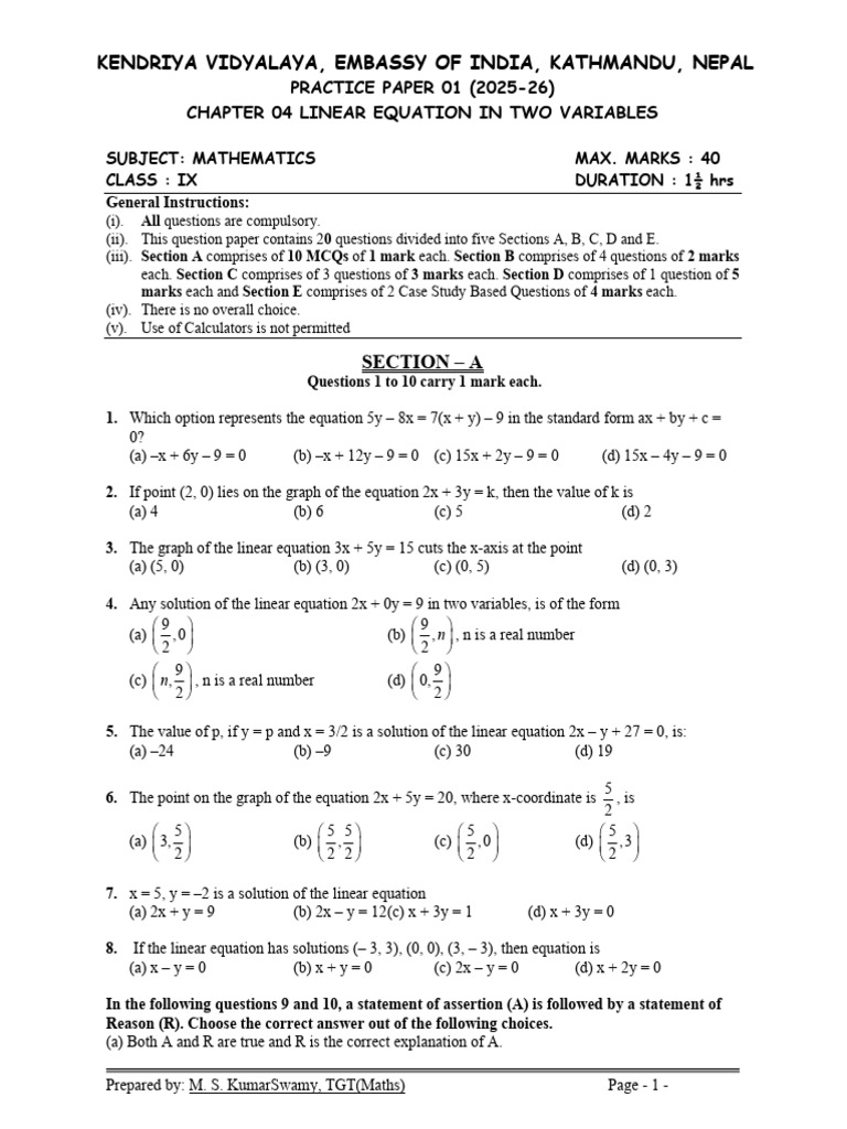 Class IX Linear Equations Practice Paper | PDF | Equations | Christmas