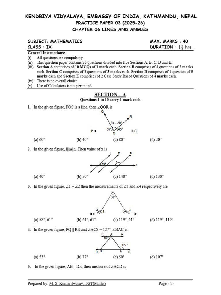 Maths Class Ix Chapter 06 Lines and Angles Practice Paper 03 2025 QP | PDF | Angle | Elementary ...