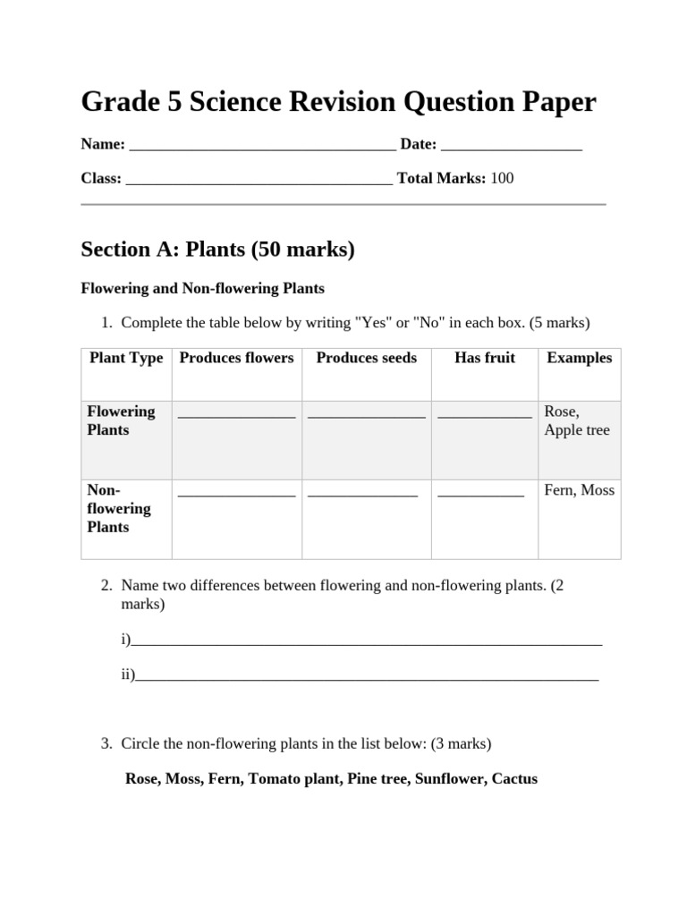 Grade 5 Science Revision Paper | PDF | Flowers | Seed