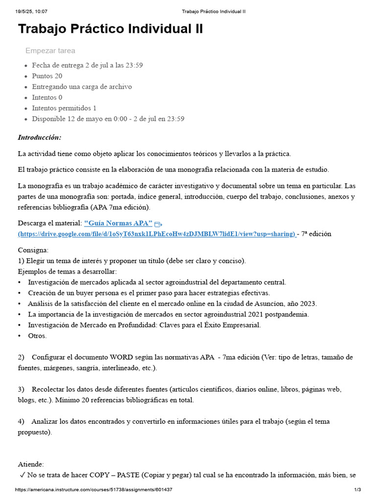 CONSIGNA Trabajo Práctico Individual II | PDF | Investigación de mercado | Bibliografía