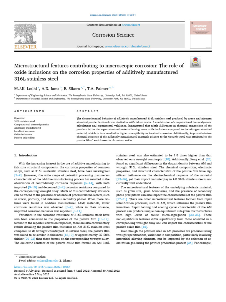 Corrosion Science: M.J.K. Lodhi, A.D. Iams, E. Sikora, T.A. Palmer ...