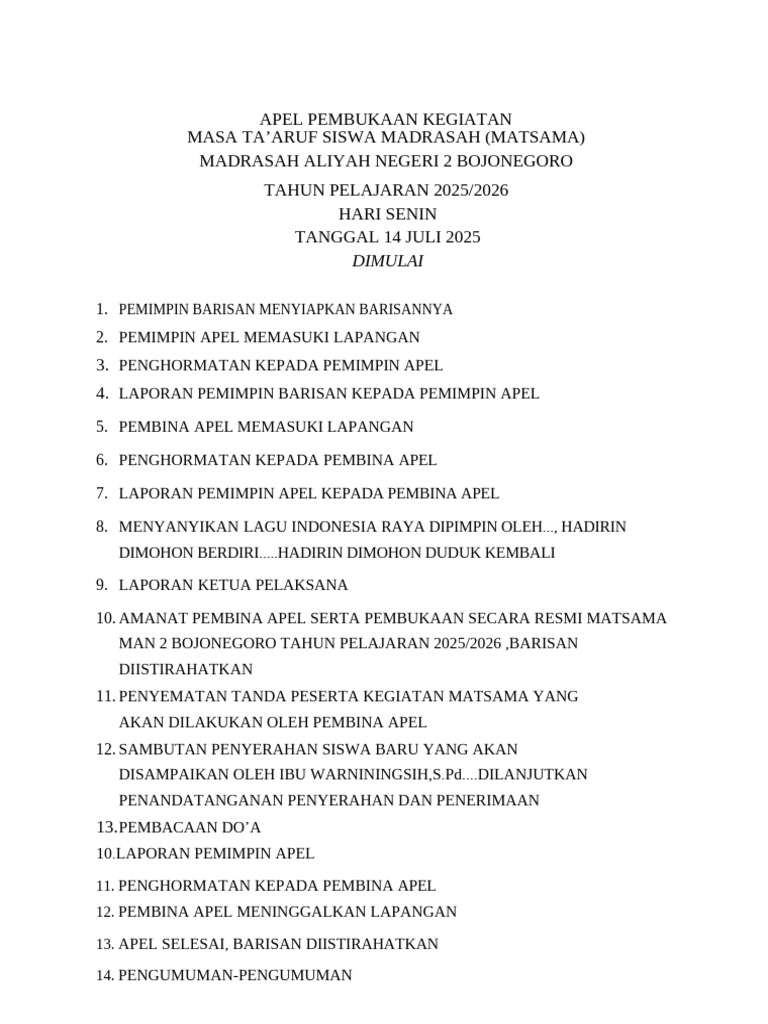 Apel Pembukaan Matsama MAN 2 Bojonegoro | PDF