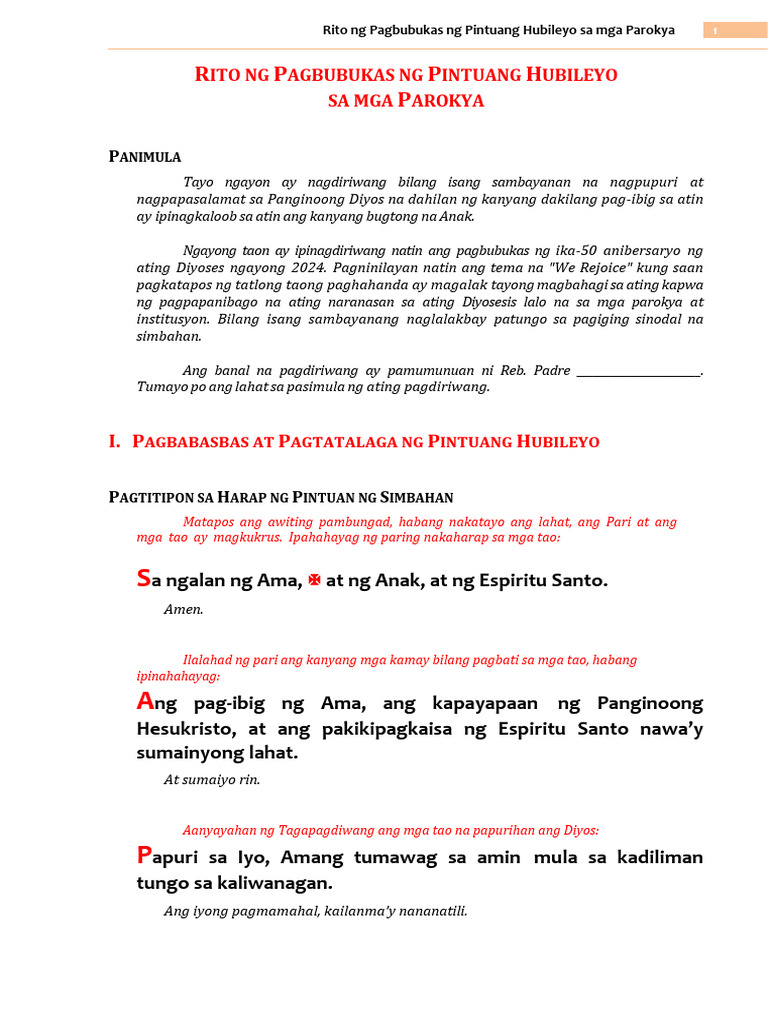 Rito NG Pagbubukas NG Pintuang Hubilehiyo NG Parokya | PDF