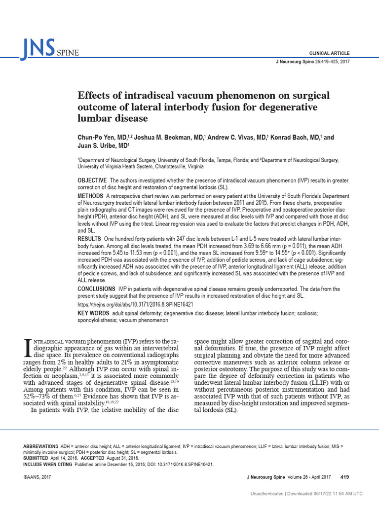 [Journal of Neurosurgery_ Spine] Effects of intradiscal vacuum ...