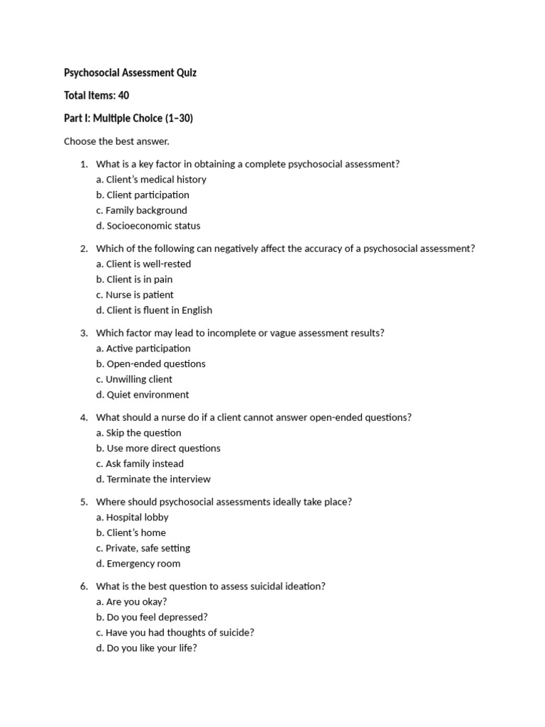 Psychosocial Assessment Quiz Guide | PDF | Thought | Psychology