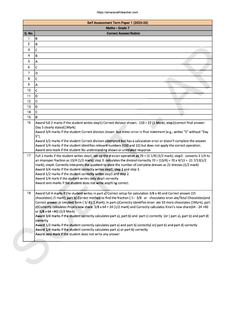 7th Class Fa1 Maths Key | PDF