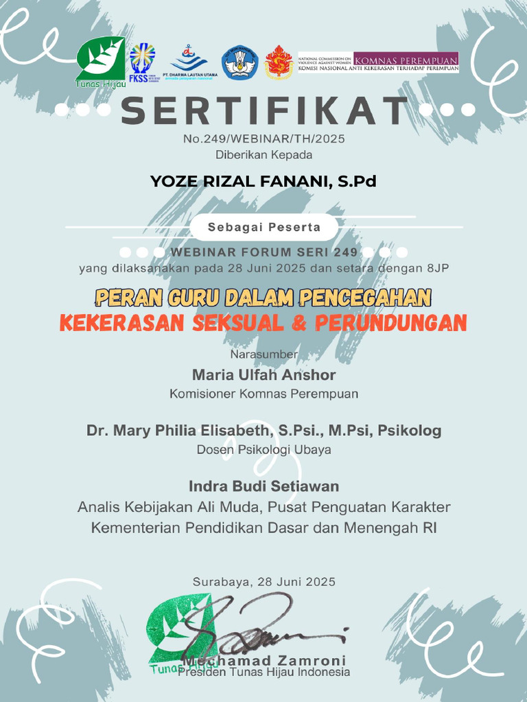 Piagam Webinar 249 Peran Guru Dalam Pencegahan Kekerasan Seksual Dan Perundungan - YOZE RIZAL ...