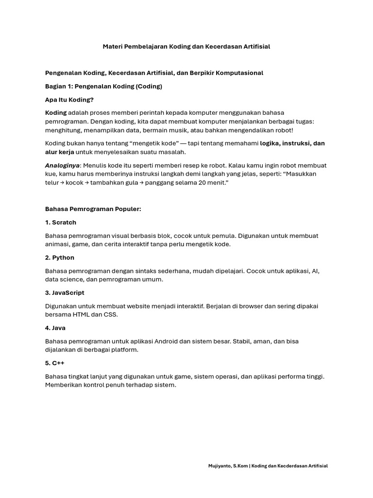 Materi Pembelajaran Koding Dan Kecerdasan Artifisial | PDF