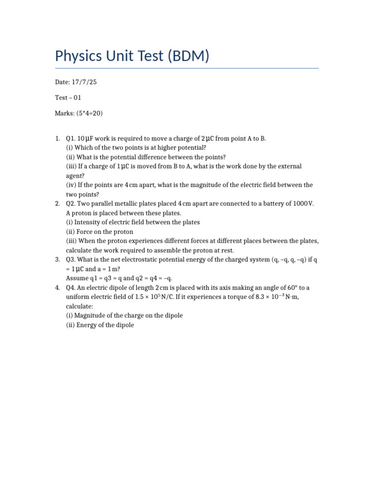 Physics Unit Test (BDM) | PDF