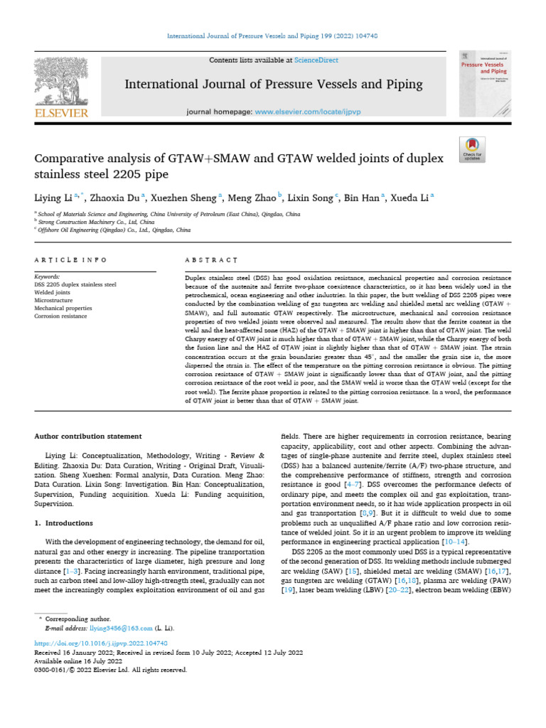Comparative Analysis of GTAW+SMAW and GTAW Welded Joints of Duplex ...