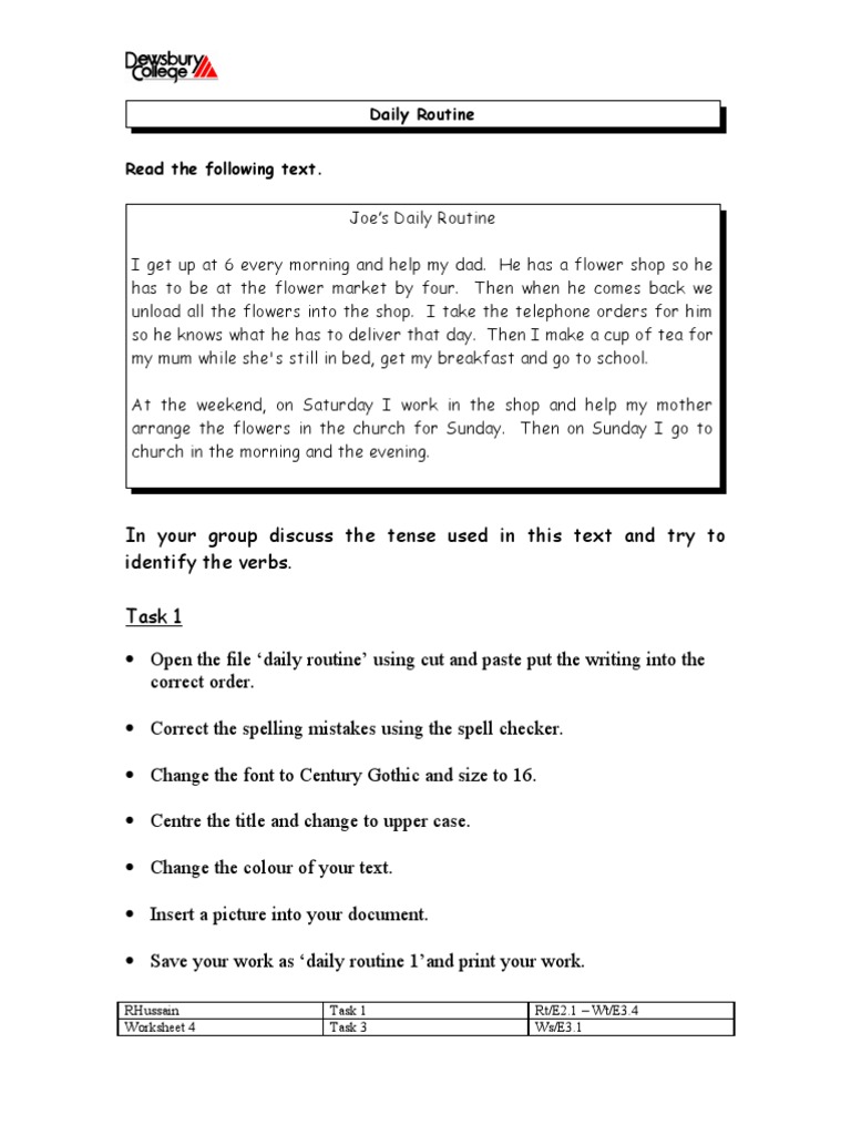 842 Daily Routine Worksheet | PDF