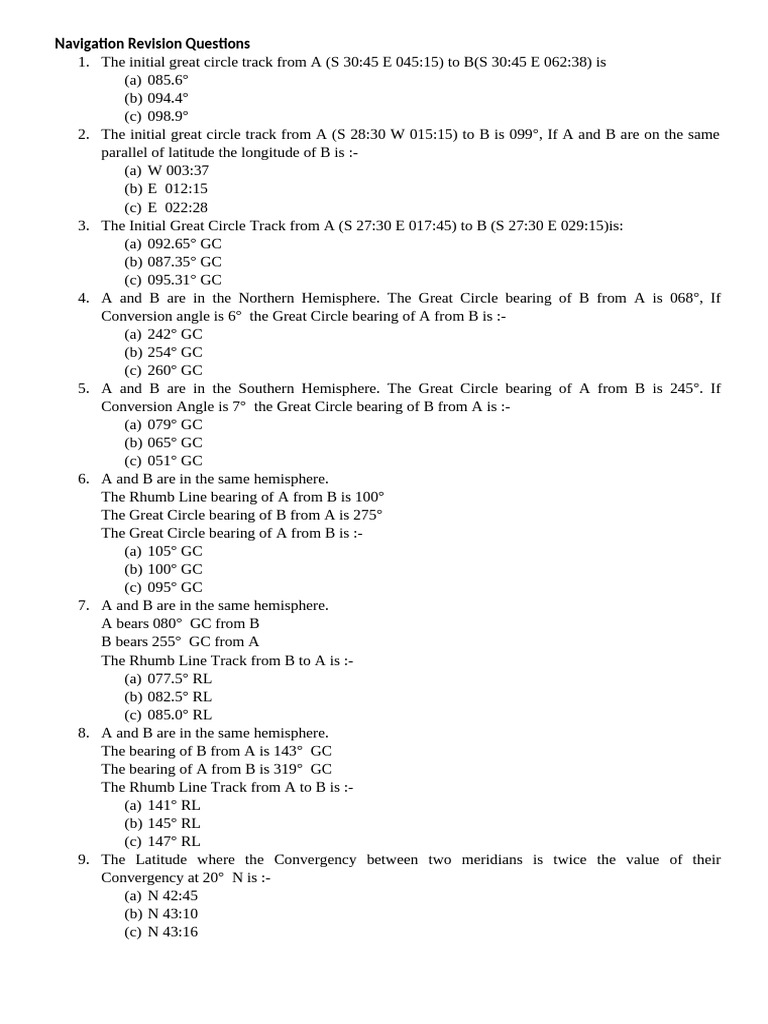 Great Circle Navigation Questions | PDF | Latitude | Longitude