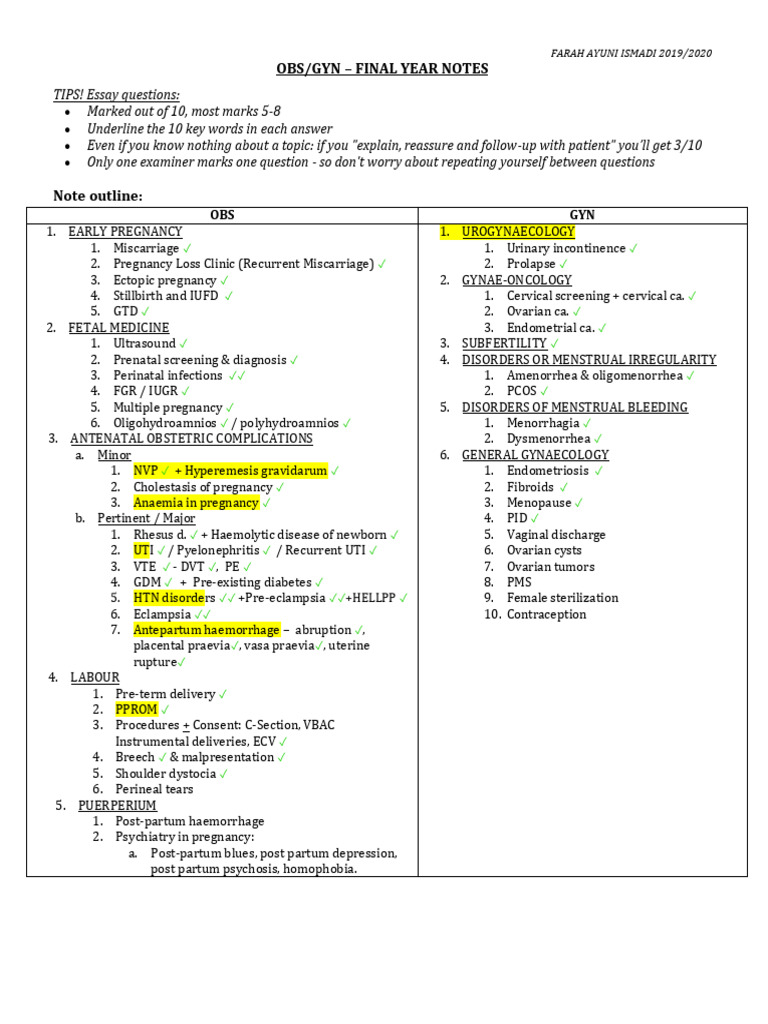 Obs & Gynae Notes | PDF | Miscarriage | Childbirth