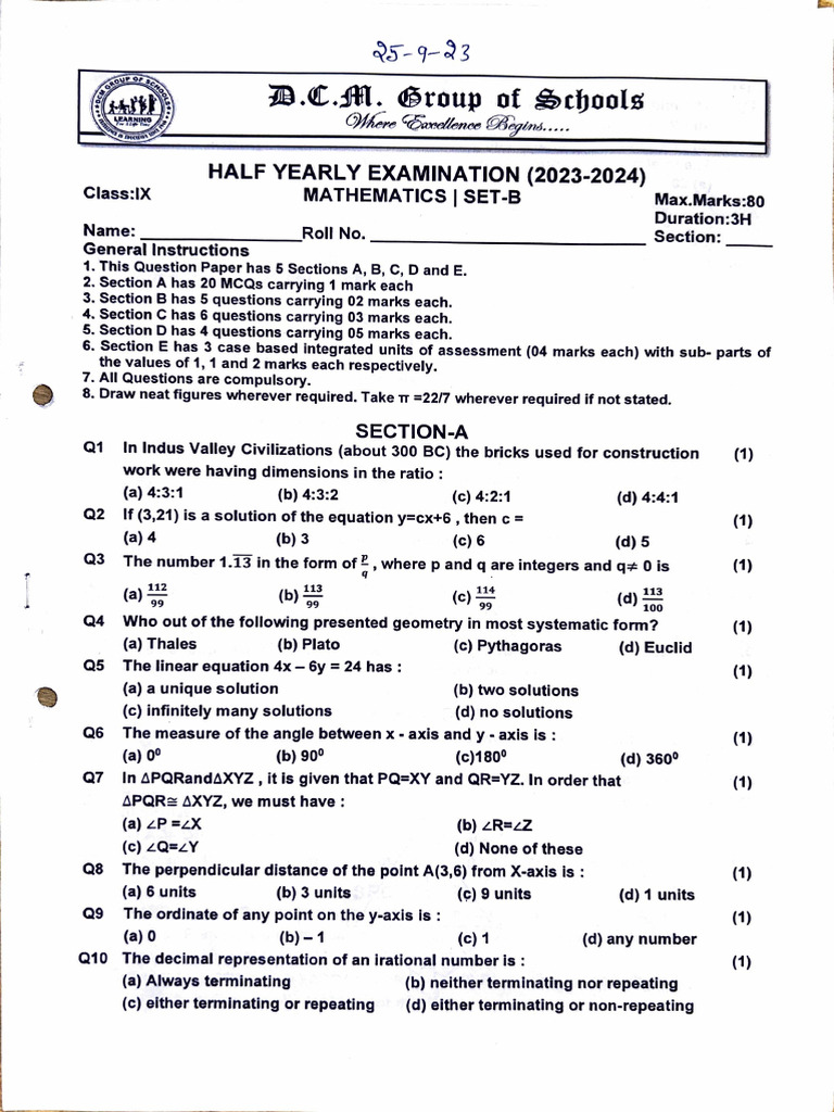 Class IX Half Yearly Practice | PDF | Area | Mathematics