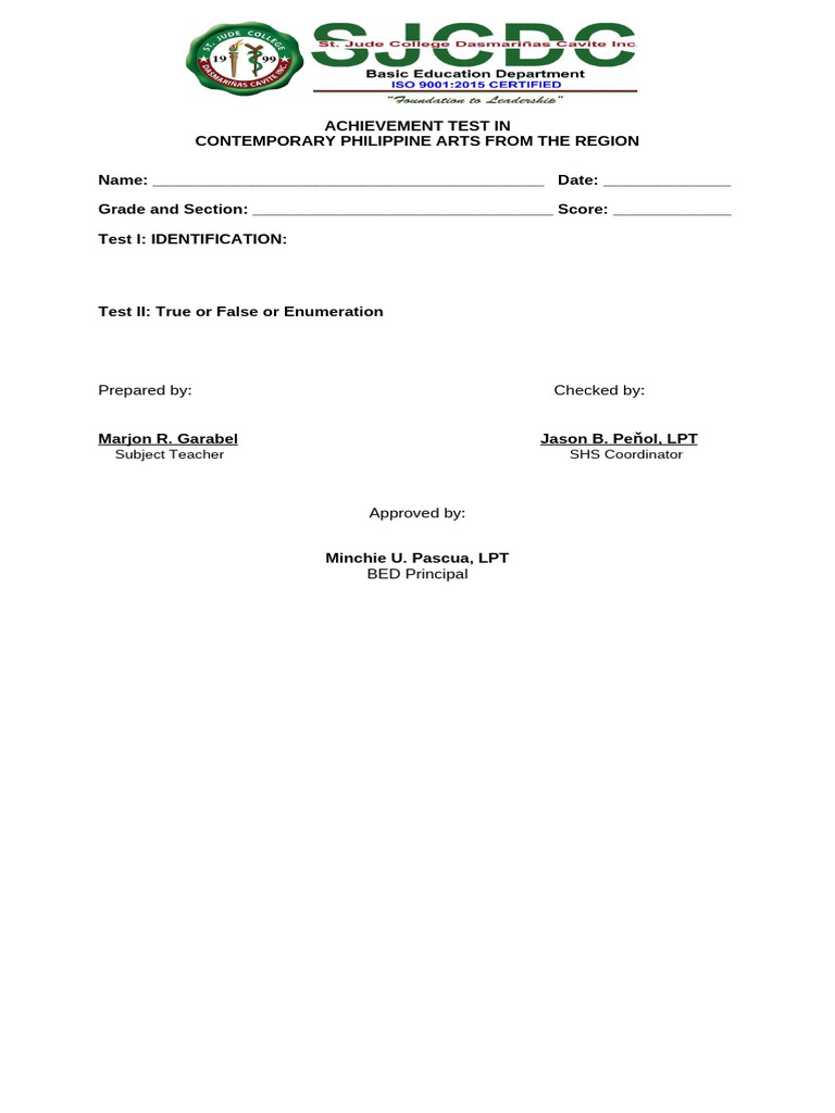 SHS Achievement Test Template | PDF