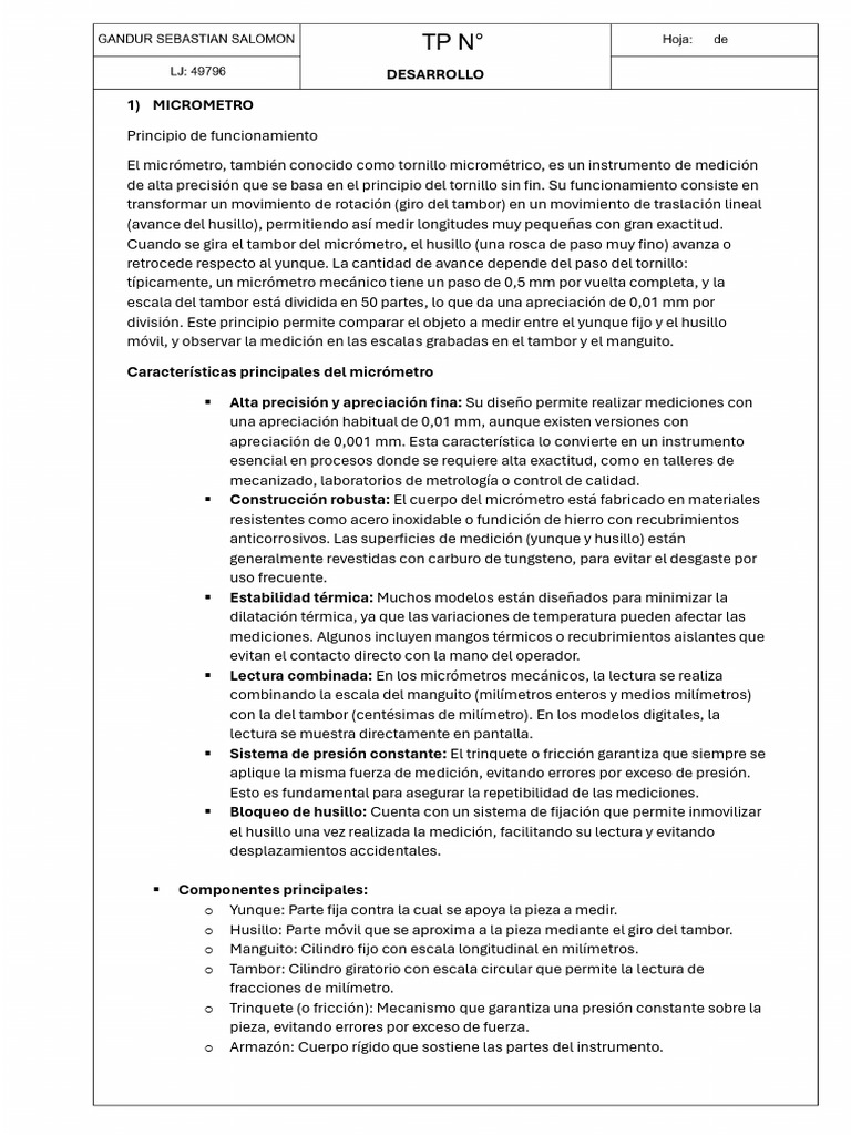 TP N°2 Metrologia | PDF | Tornillo | Ingeniería mecánica