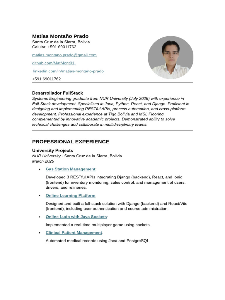 CV Matias Montaño Prado - English | PDF | Java (Programming Language) | Software