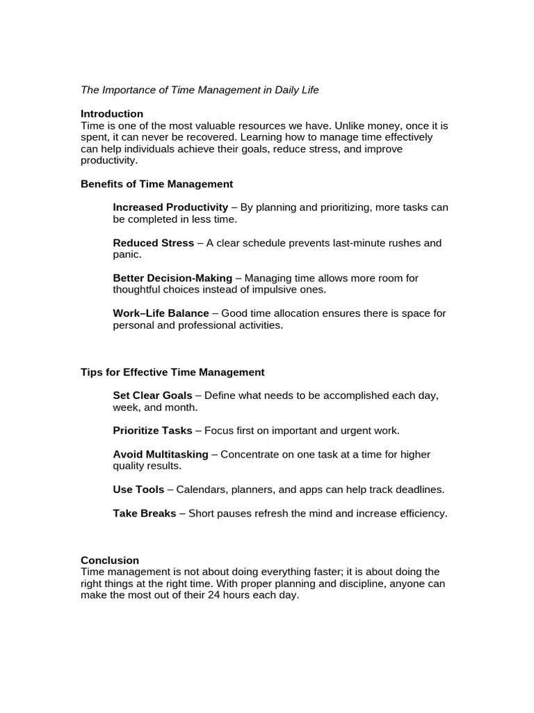 The Importance of Time Management in Daily Life | PDF