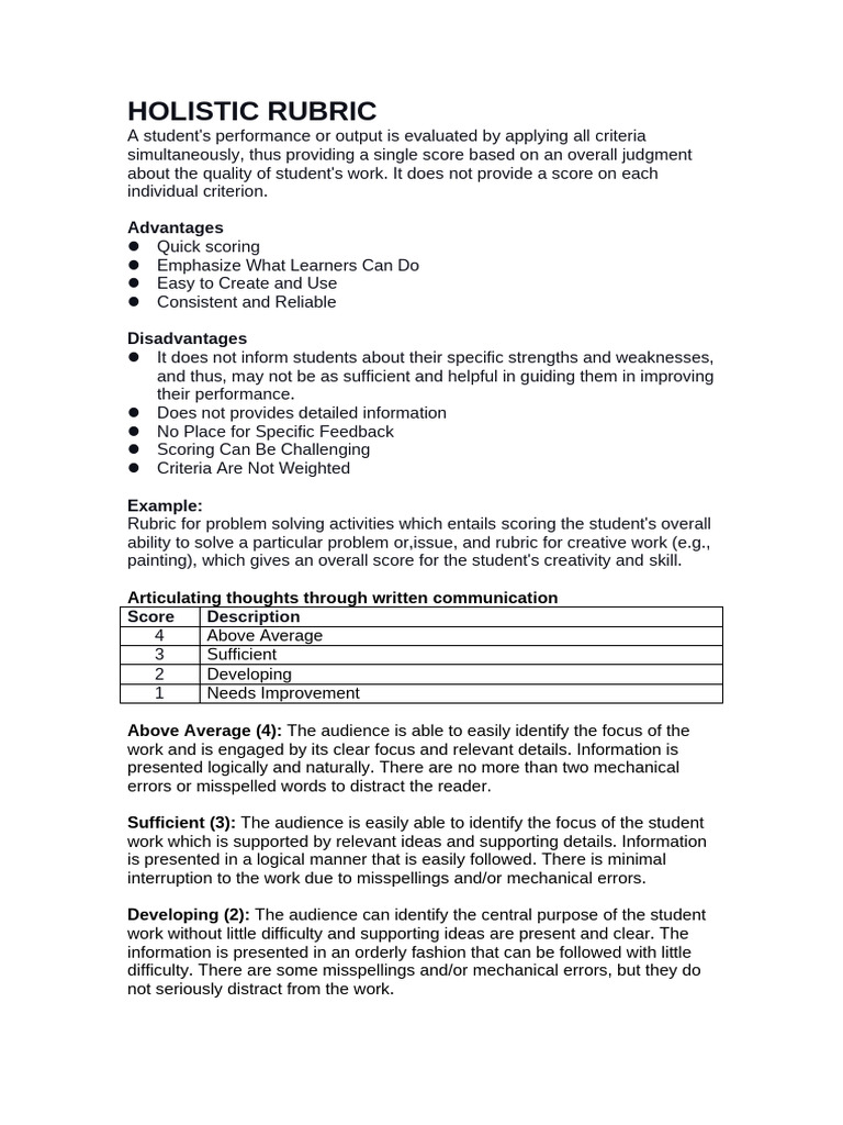 Holistic Vs Analytic Rubrics Explained Pdf Rubric Academic