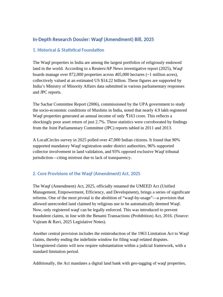 In-Depth Waqf Amendment Research Dossier | PDF | Justice | Crime & Violence
