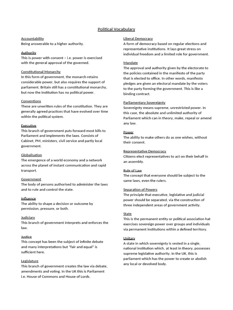 Political Vocabulary (Handout) | PDF | Sovereignty | Democracy