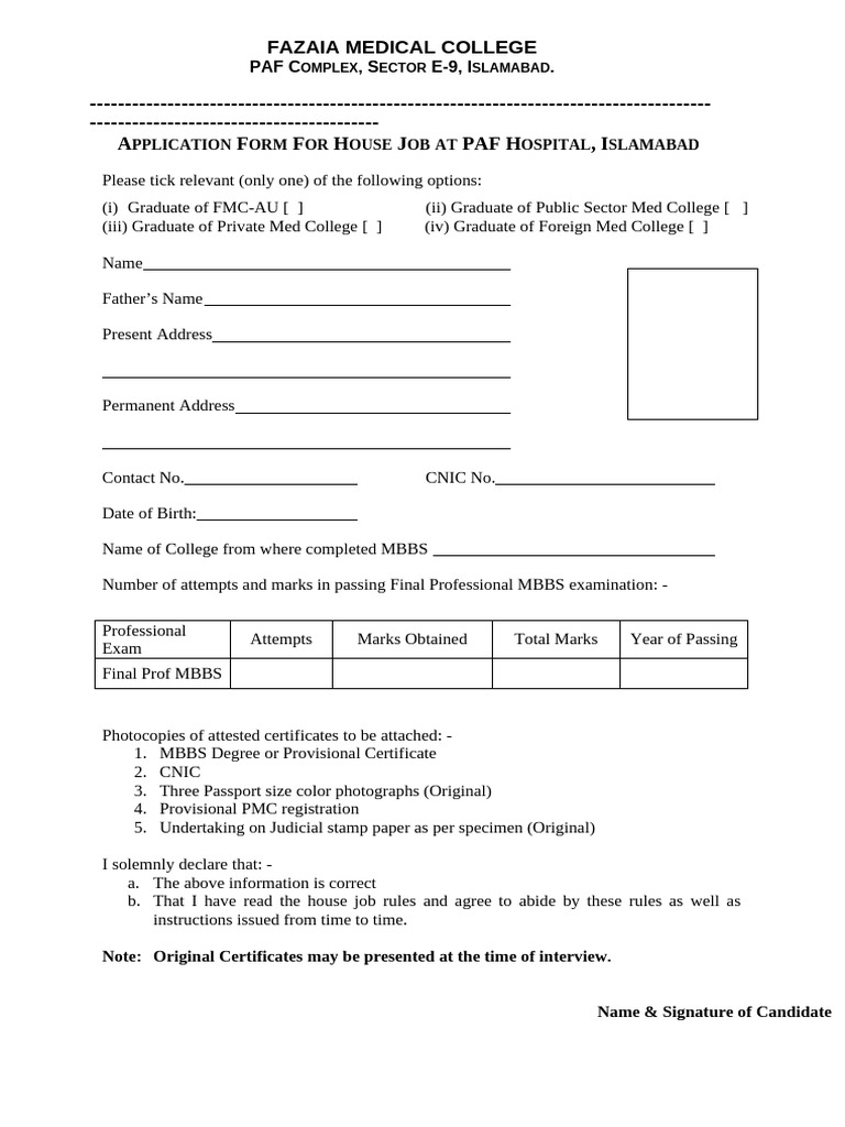 House Job Application at PAF Hospital | PDF