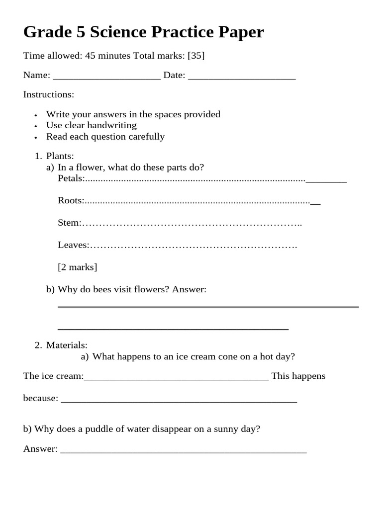 Grade 5 Science Practice Exam Paper | PDF