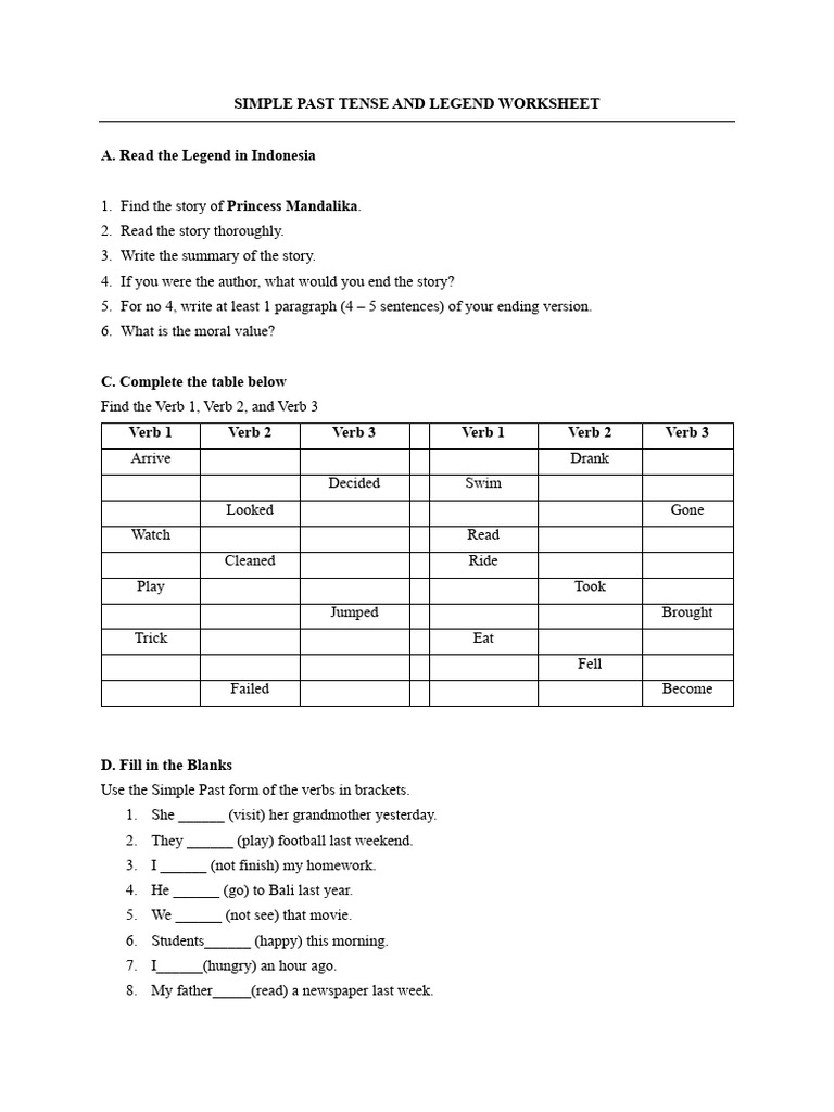 Simple Past Tense Legend Worksheet | PDF | Verb | Grammar