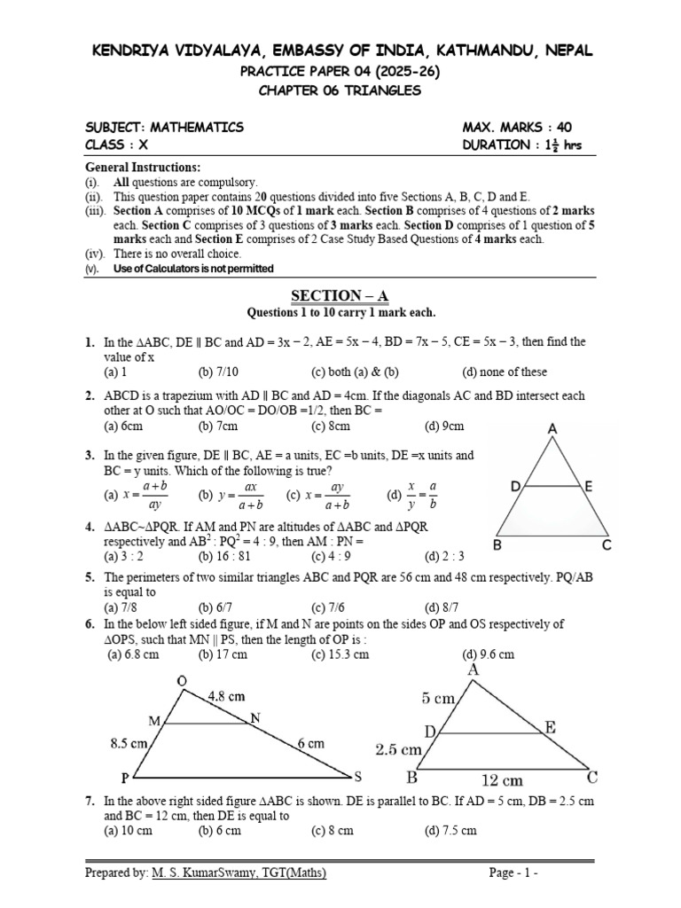 Maths Class X Chapter 06 Triangles Practice Paper 04 2025 QP 1 | PDF | Elementary Geometry ...