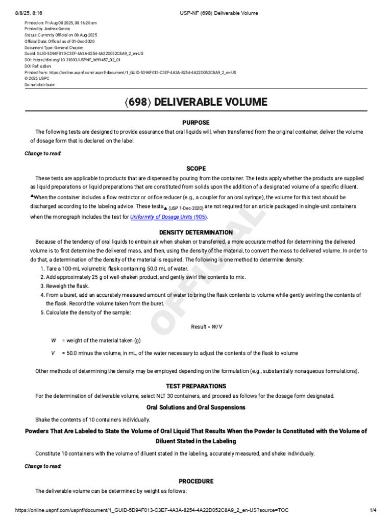 USP 698: Deliverable Volume Guidelines | PDF | Density | Volume