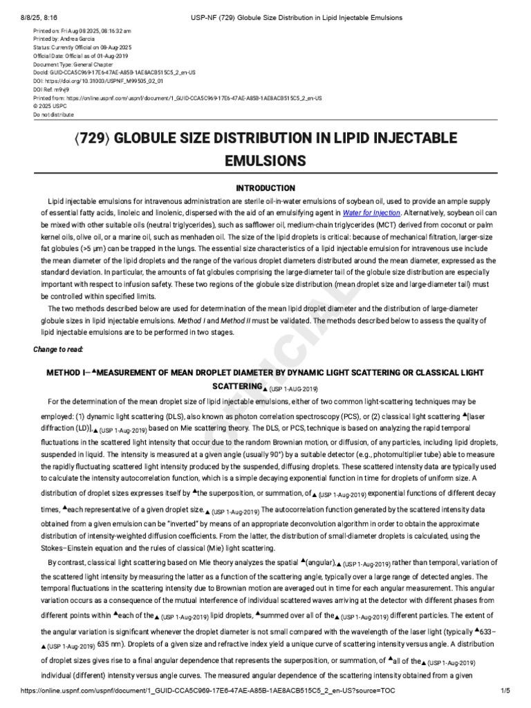 USP-NF 729 Globule Size Distribution in Lipid Injectable Emulsions ...