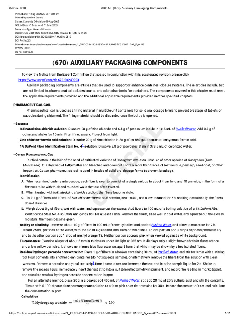 USP-NF 670 Auxiliary Packaging Components | PDF | Filtration | Magnesium