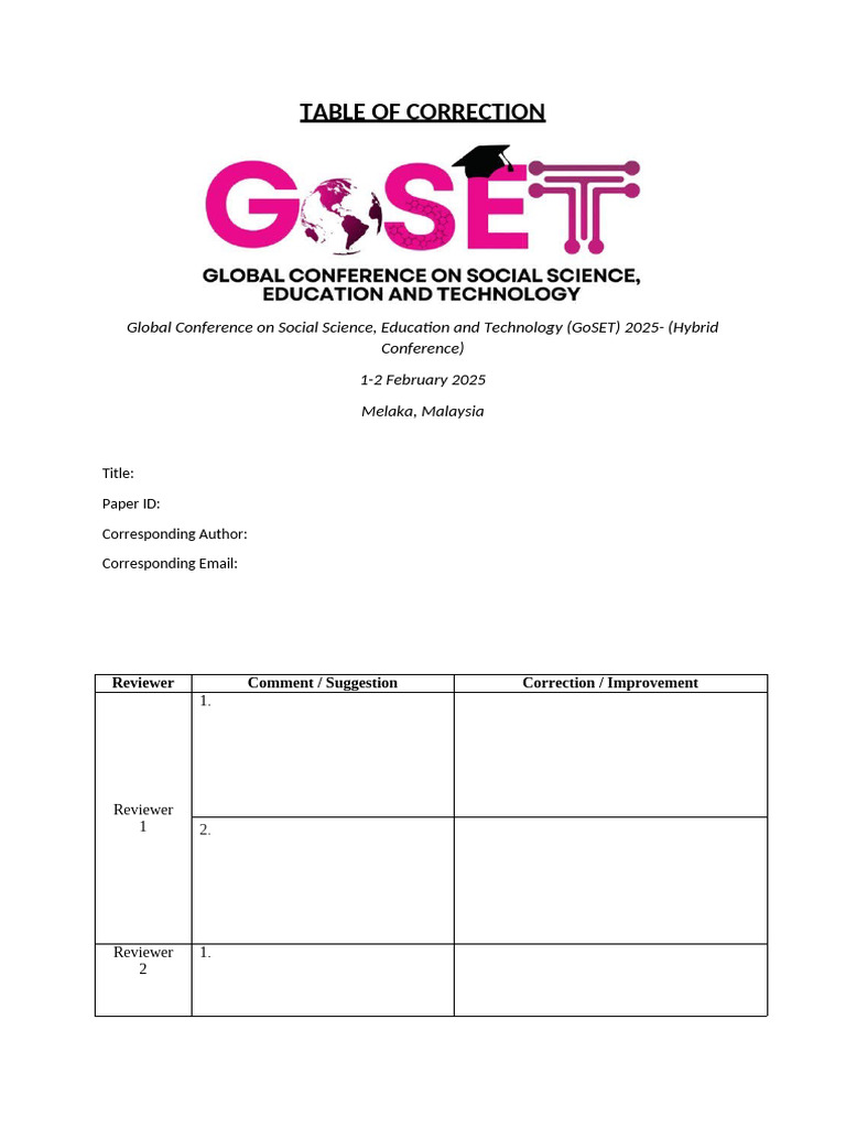 Table of Correction GoSET 2025 G84DUVke79 | PDF