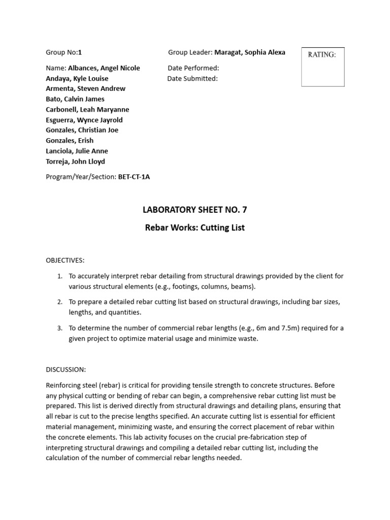Lab Sheet #7 - Rebar Cutting List | PDF | Accuracy And Precision | Beam (Structure)