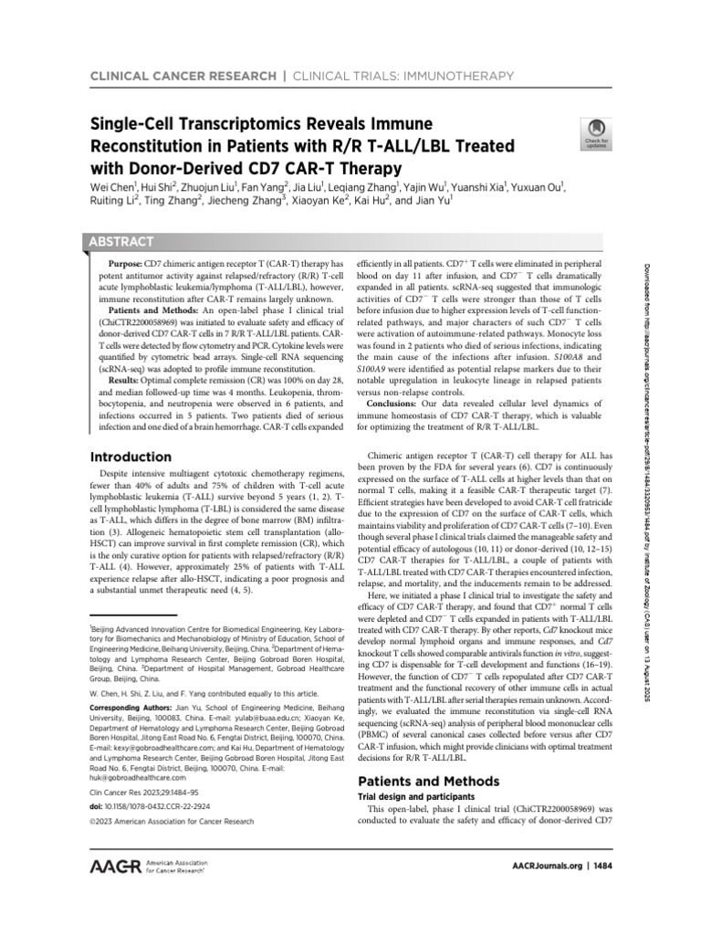 Single-Cell Transcriptomics Reveals Immune Reconstitution in Patients With RR T-ALL LBL Treated ...
