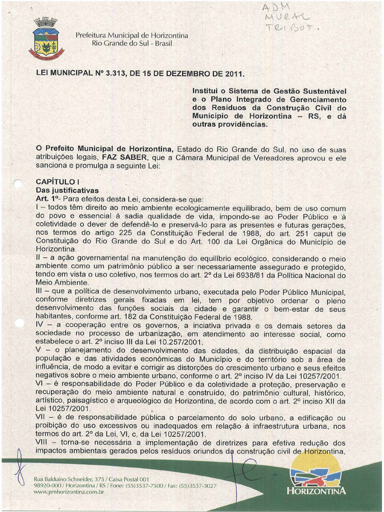 Lei-3313-2011-Horizontina-rs Revogado Pela Lei de 2022 | PDF