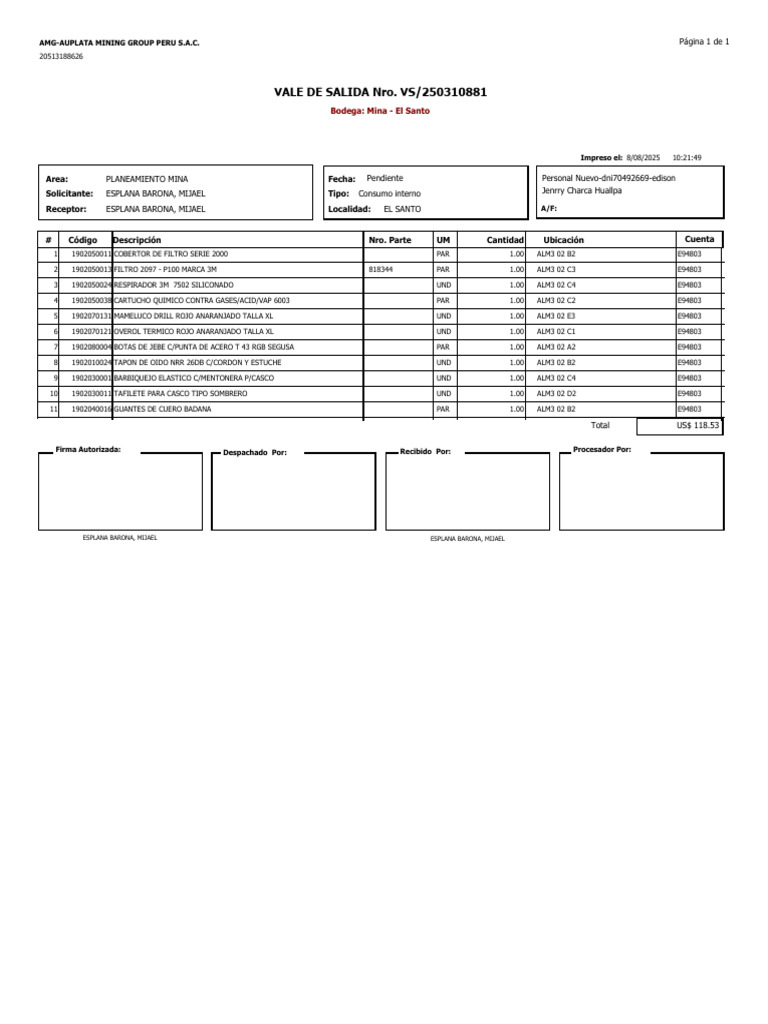 Vale de Salida Epps, Personal Nuevo | PDF