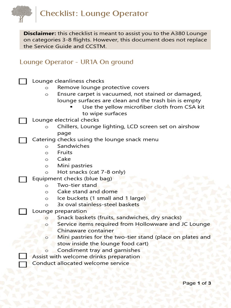 A380 Lounge Checklist | PDF | Cuisine | Foods