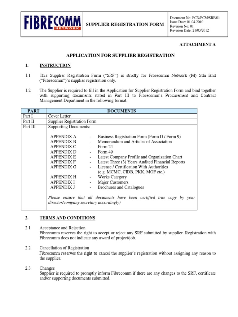 Attach A. Supplier Registration Form | PDF | Telecommunication | Cable