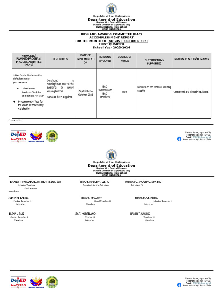 BAC Accomplishment Report Q1 2023-2024 | PDF