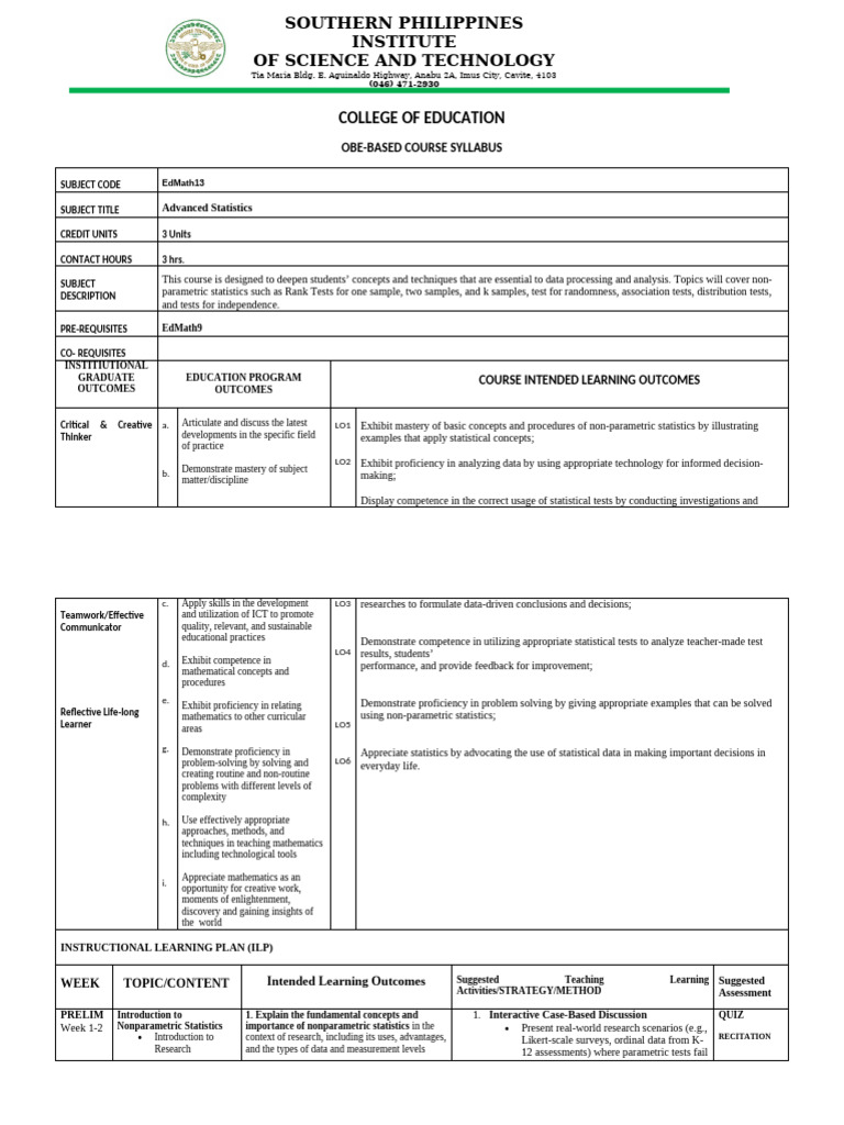 Advanced Statistics Course Syllabus | PDF | Nonparametric Statistics ...