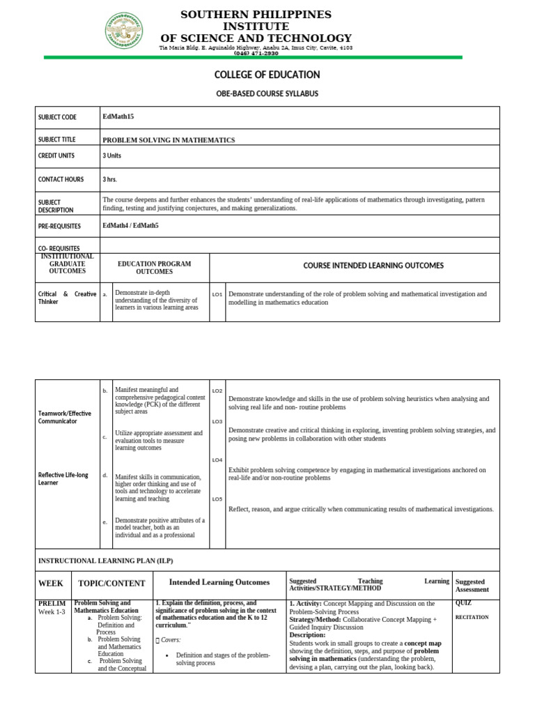 PROBLEM SOLVING IN MATHEMATICS-TEMPLATE NEW FORMAT SYLLABUS 1ST SEM. 2025-26 | PDF ...