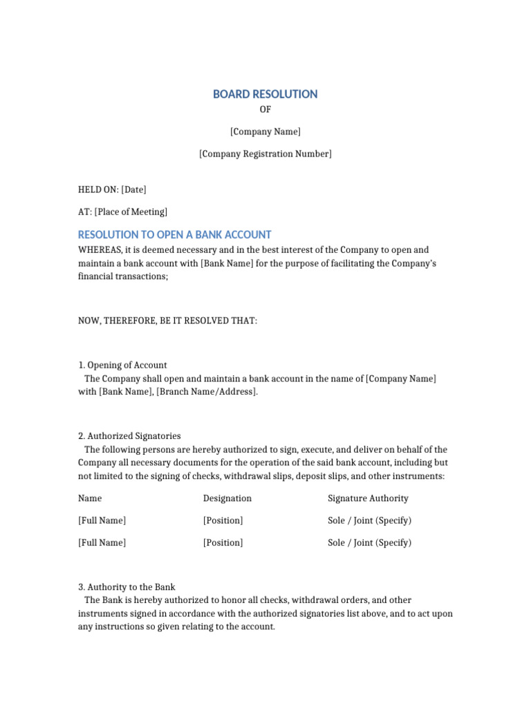 Board Resolution Open Bank Account | PDF