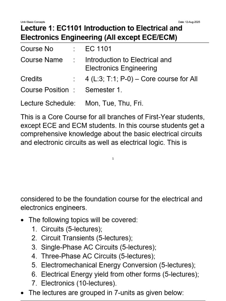 Lecture-1 Basic Concepts of Electrical Engineering 12Aug25 | PDF ...