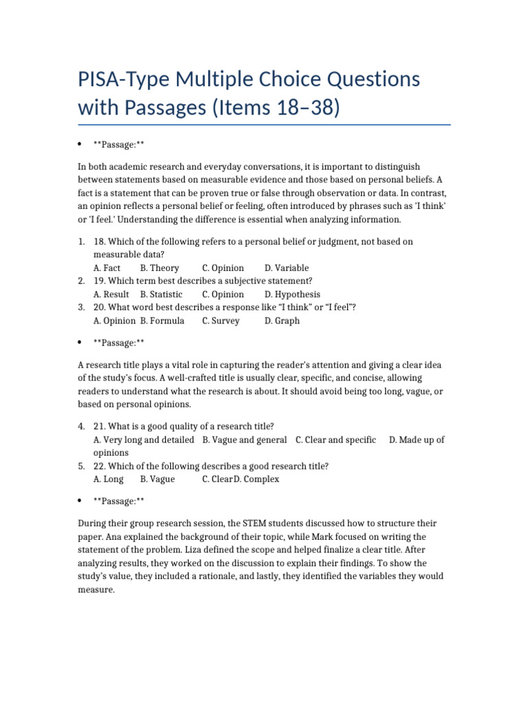 PISA-Style Questions on Research Concepts | PDF | Hypothesis | Multiple ...