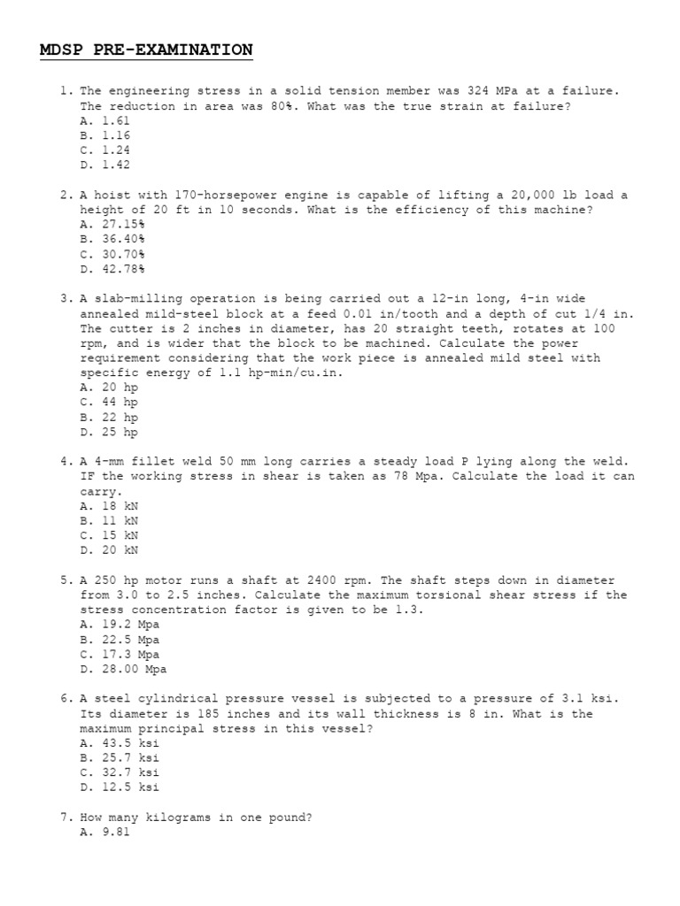 MDSP Pre Examination | PDF | Gear | Strength Of Materials