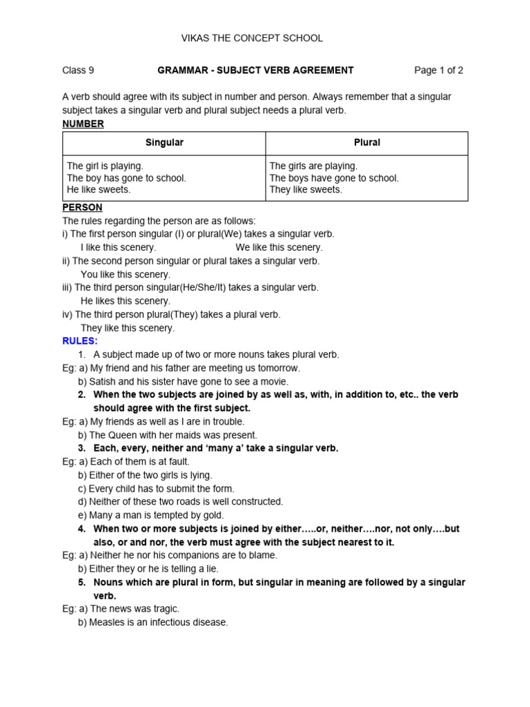 Class 9 - Subject Verb Agreement | PDF | Plural | Grammatical Number