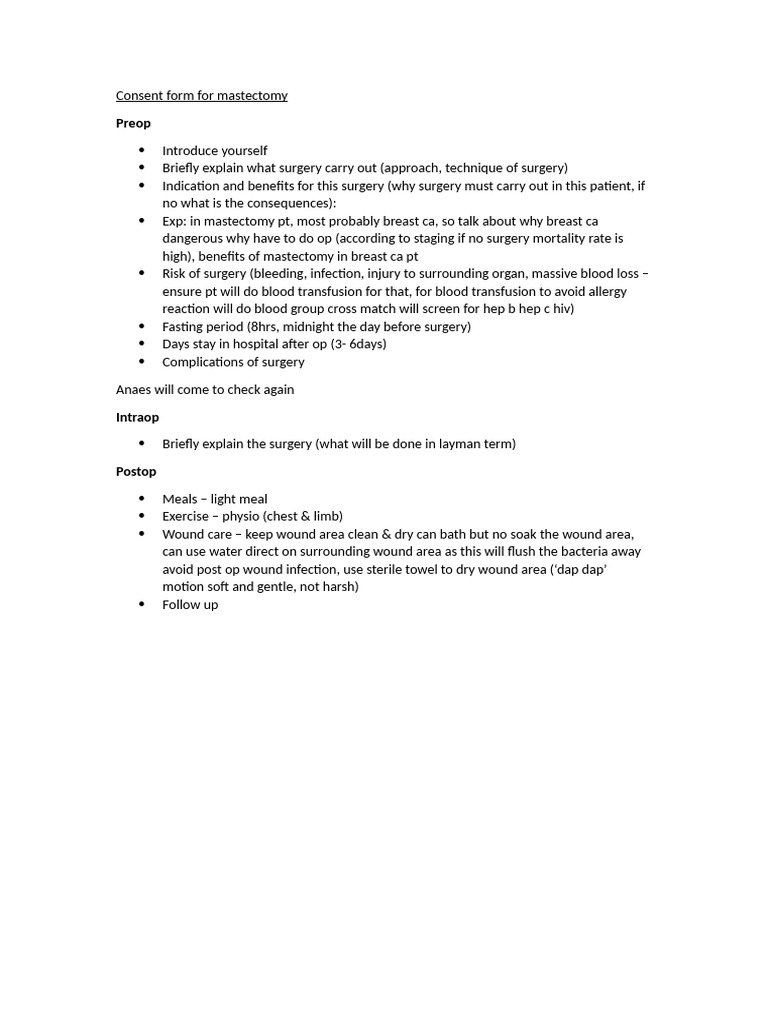 Mastectomy Consent Form Guidelines | PDF